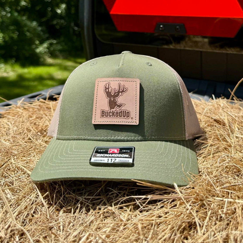 BuckedUp® Leather Patch Army Olive with Tan Mesh Snapback – BuckedUp ...