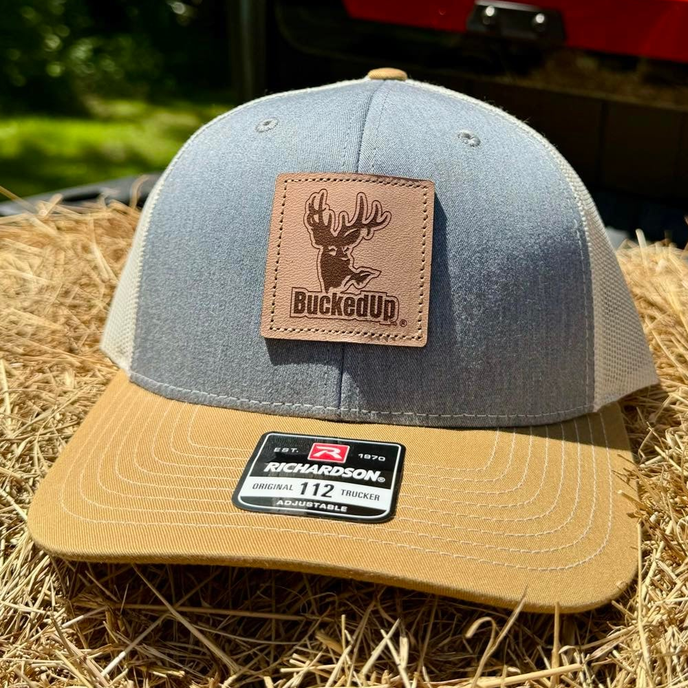 BuckedUp® Leather Patch Grey with Gold Bill and Birch Mesh Snapback ...