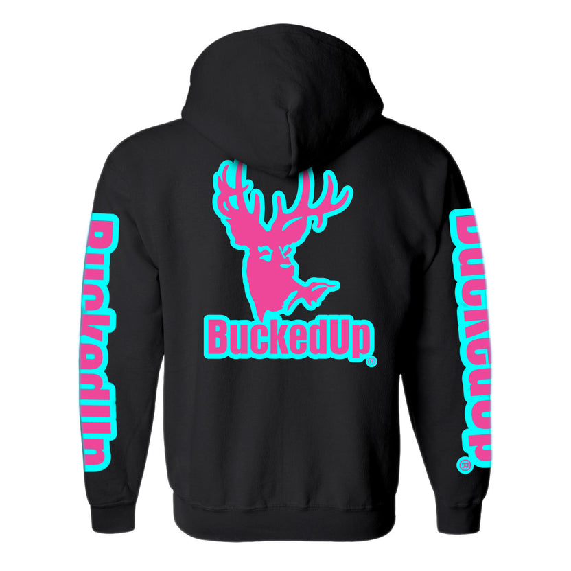 Bucked Up | BuckedUp Pullover Hoodie - Black with Aqua Blue Pink Logo ...